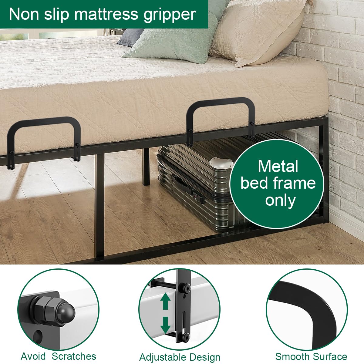 ANTEISI 4 Pcs Mattress Holder for Metal Bed Frame,Mattress Retainer,Non Slip Mattress Gripper,Mattress Slide Stopper for Metal Frame.Black