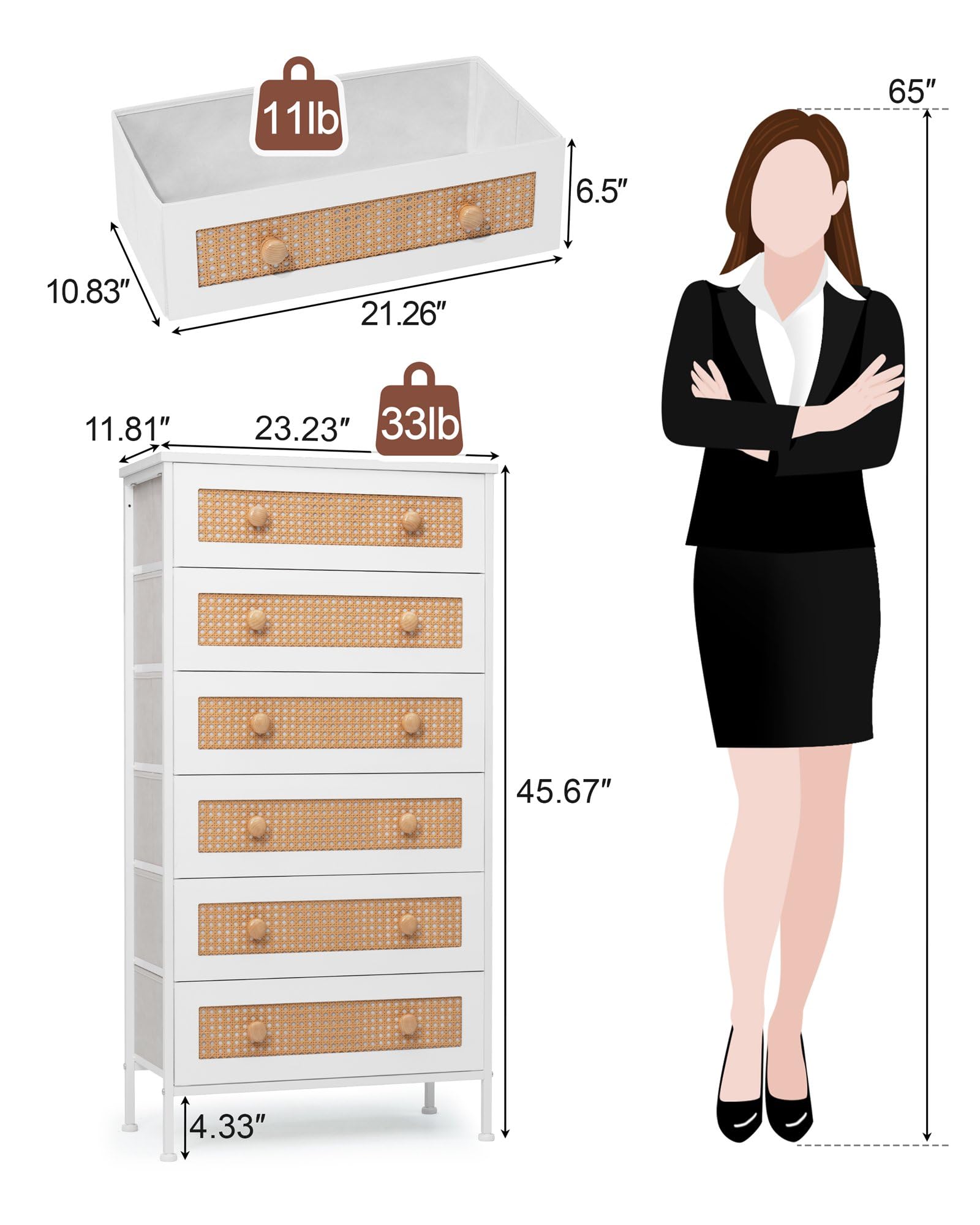 Crestlive Products Rattan Dresser Storage Tower, Tall Fabric Dresser, Chests of Drawers, Wood Top &Wood Handles - Organizer Unit for Bedroom, Hallway, Entryway, Closets - 6 Drawers (White)