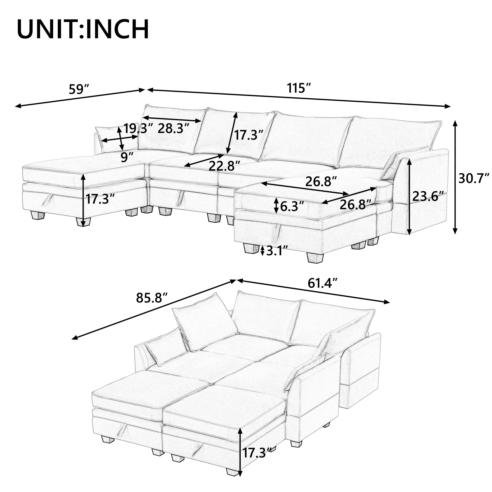 FANYE U-Shaped Oversized 6 Seaters Modular Storage Sectional Sofa with SeatStorage, L/U-Shaped Free Combination Linen Upholstered Couch Cum Daybed Convertible Sleeper Sofabed for Living Room