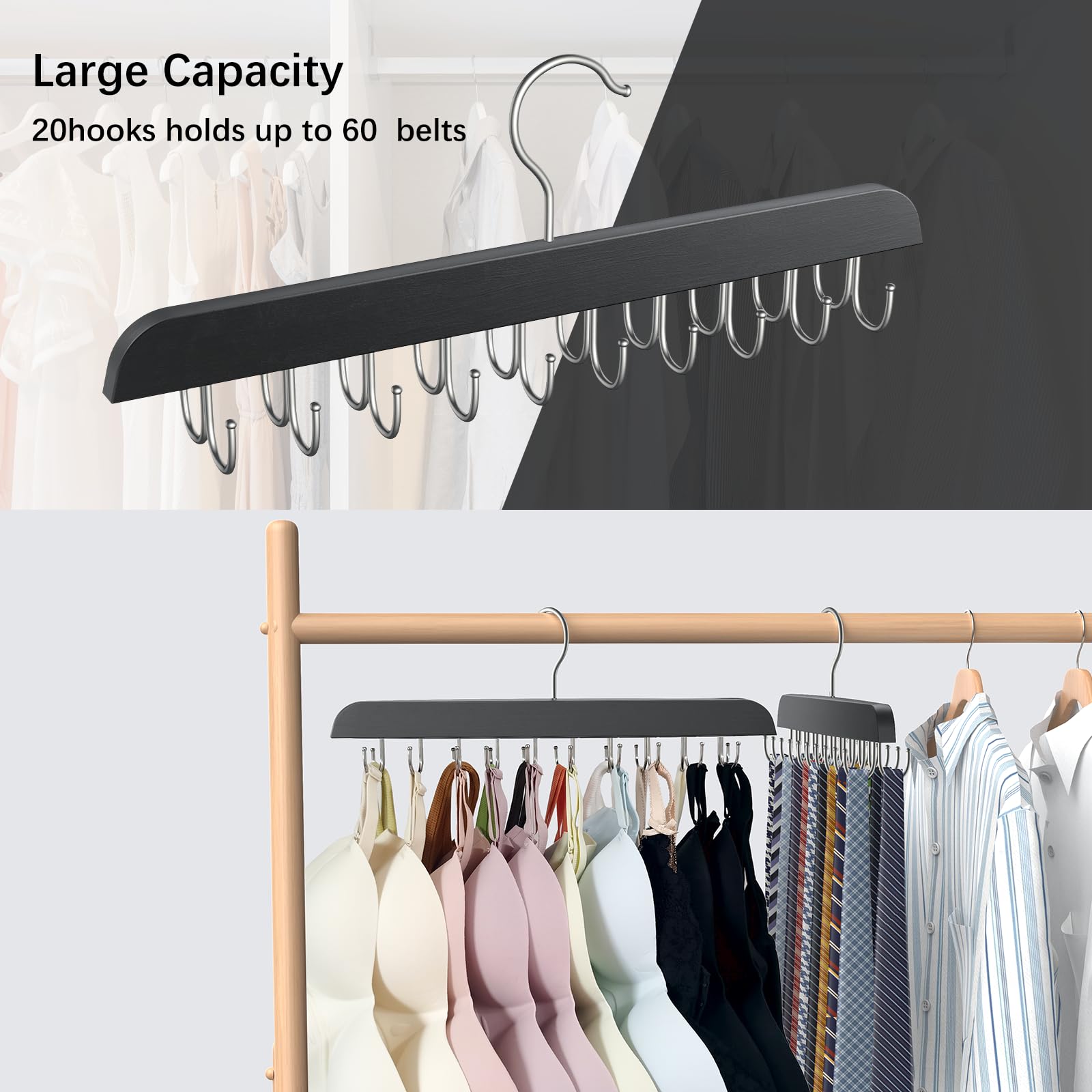 Ftumertly Bra Hanger for Closet, Tank Top Hanger with 20 Hooks Belt Organizer, Wood Belt Hanger 360°Rotating Belt Rack Closet Organizers and Storage for for Tie, Bra, Scarf, Tank Top - Black, 1 Pack