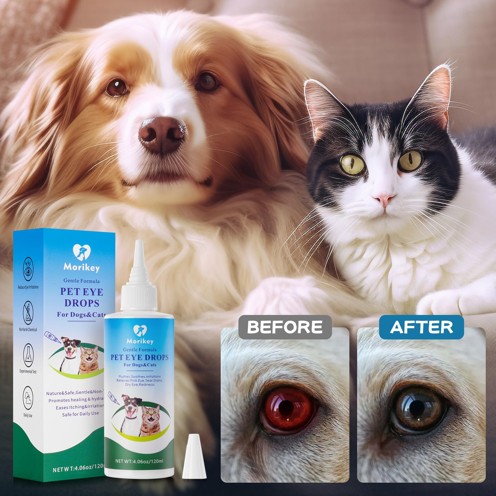 Morikey Pet Eye Drops,Gentle&Safe Dog Eye Drop for Infection,Relieve Eyes Itching & Irritation,Remove Tear Stains,Safe for All Animals, 4.06oz,120ml