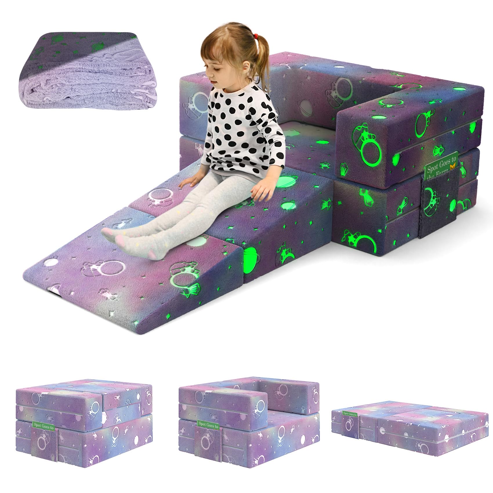 BIERUM Toddler Couch with Blanket, 3-in-1 Luminous Kids Couches and Sofas Fold Out, Convertible Sofa to Playful Slide for Girls and Boys, Extra Softer Kids Sofa Chair for Bedroom Playroom