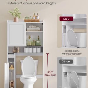 VASAGLE Over The Toilet Storage Shelf, Bathroom Storage Cabinet with Sliding Door, Adjustable Shelves, Toilet Paper Holder, Space-Saving, Modern, 9.8 x 32.7 x 66.9 Inches, Cloud White UBTS018W01