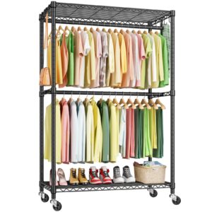 futassi p8 rolling clothes rack，heavy duty clothing racks for hanging clothes，freestanding garment rack with lockable wheels，portable clothing rack 45" w x 14" d x 80" h，max load 420lbs，black