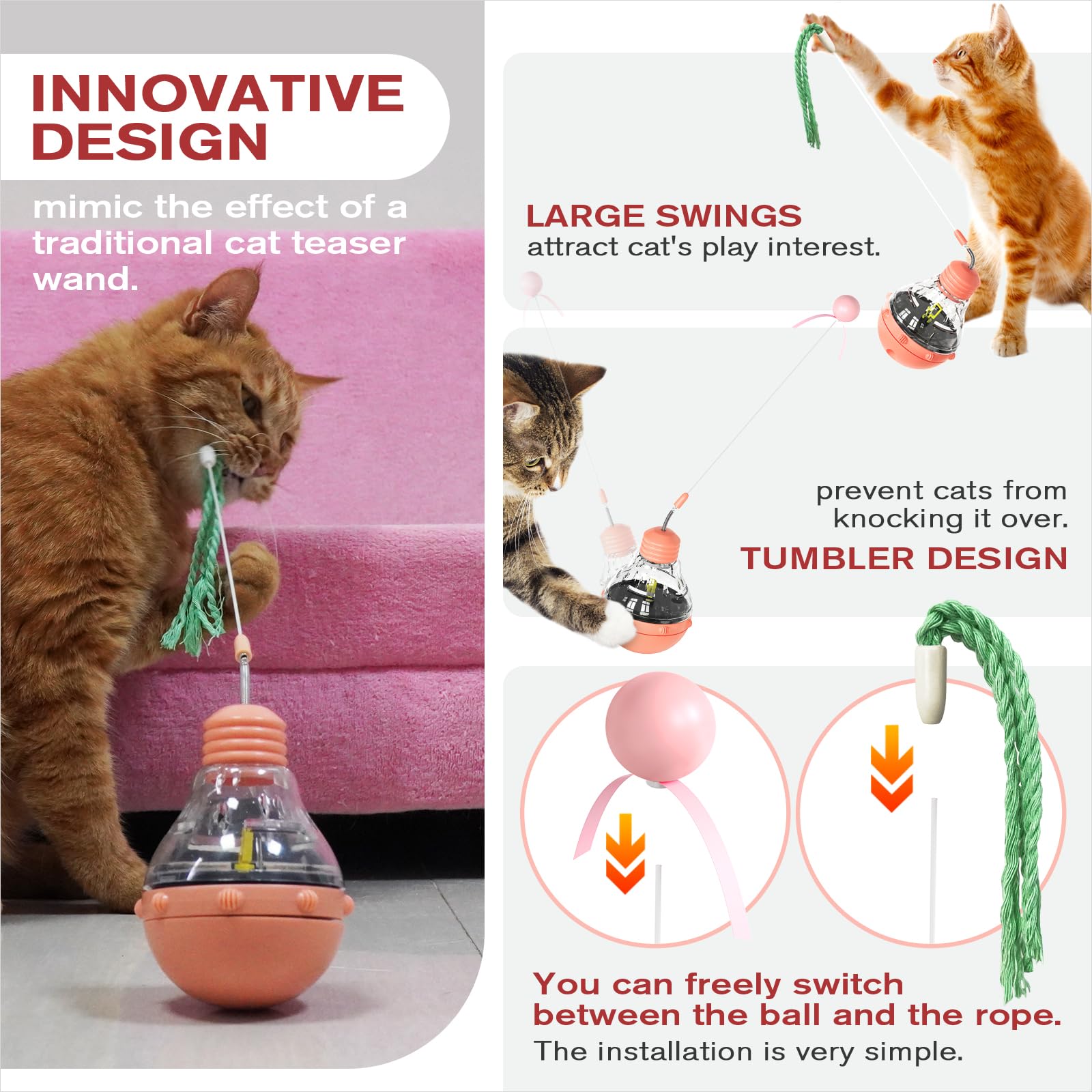 TLKNG Cat Interactive Toys for Indoor Cats Kitten Wand Toy Weight Loss Kitty Funny Balls Slow Food Dispenser Feeder Treat Dispensing Feeding Pet Supplies Birthday Gift A