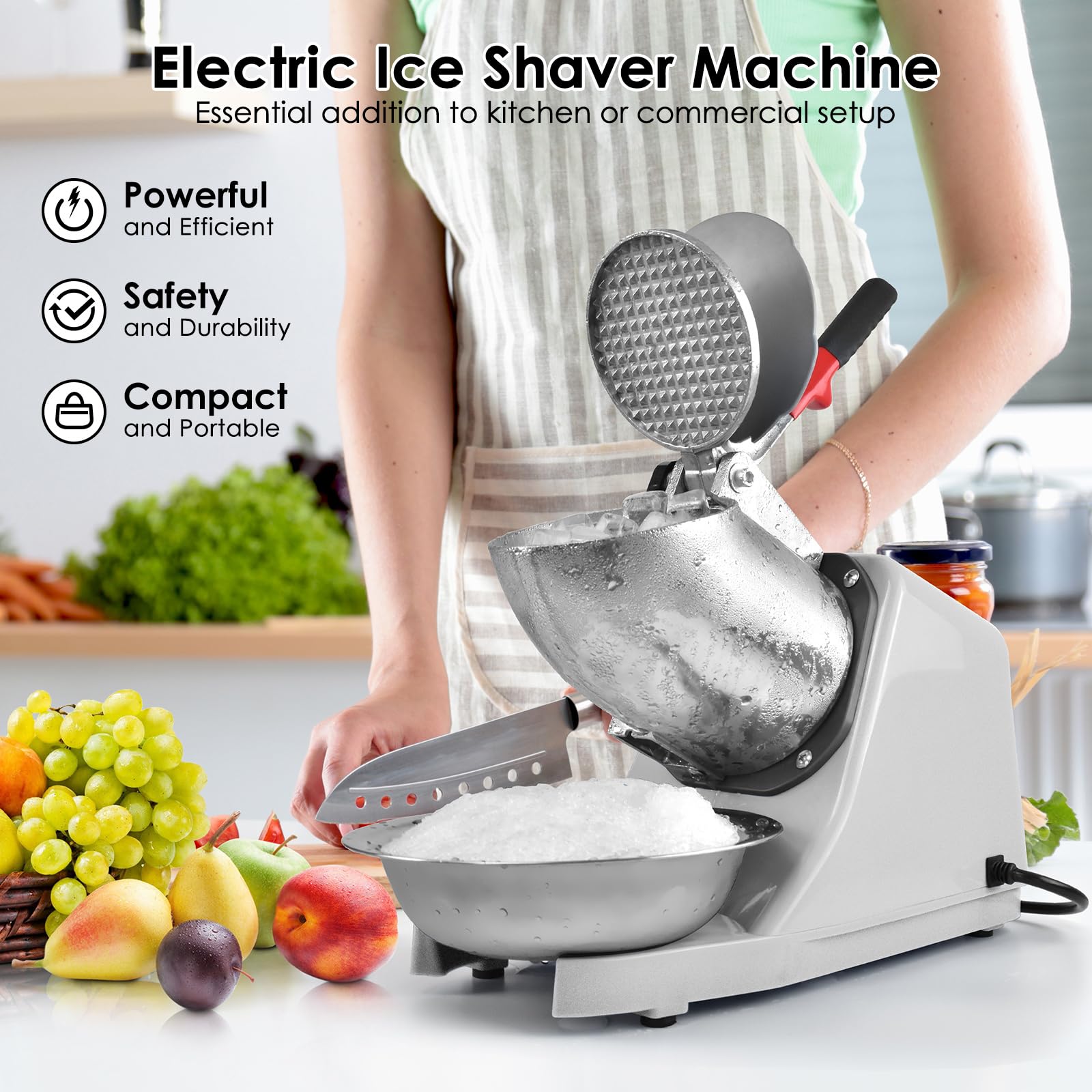 Electric Shaved Ice Machine,with Ice Pick and Scoop,3 Blades of Electric Snow Cone Machine(300W 2200r/min),Splash Proof Ice Shaver Machine,Ice Crusher Machine for Home Commercial Use (Silver)