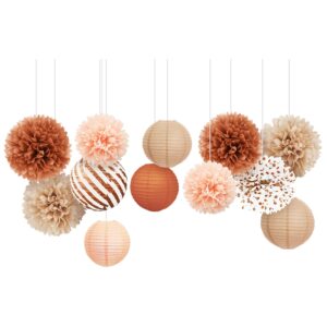 aobkiat fall boho party decorations set,12pcs brown orange paper pom poms lanterns for thanksgving pumpkin party,natural baby shower,bridal shower,engagement,class school office decor