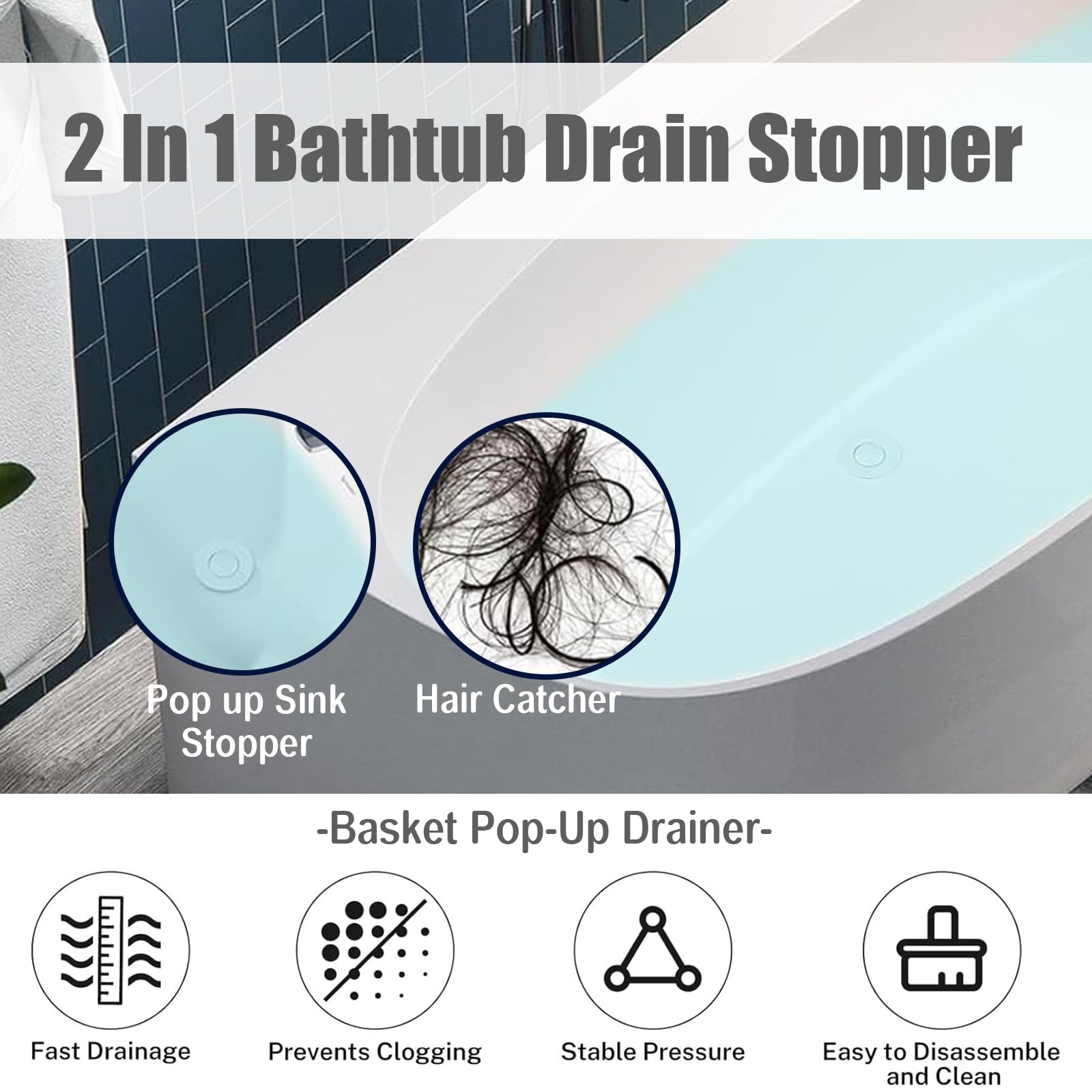 2-in-1 Drain Sink Stopper for 1-1/2''~1-2/3'' Sink Drain Strainers - Bathroom Shower Hair Drain Catcher Bath Tub Stoppers - Silver