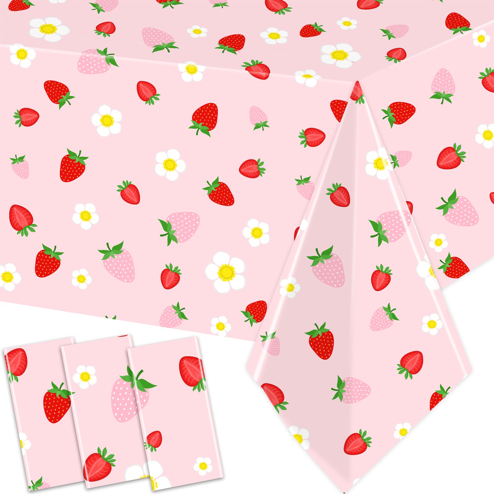 GREHUMOR 3 Pack Strawberry Tablecloth Strawberry Birthday Decorations Plastic Strawberry Theme Party Table Cover for Girls Sweet One Birthday Berry Sweet Baby Shower Party Supplies