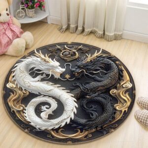 Personalized 3D Yin Yang Asian Dragon Element Area Rug, Anti-skid Lounge Mat, Indoor Decorative Throw Carpet, Suitable for Leisure Area Bedside Accessories Cloakroom, White and Black Dragon -3