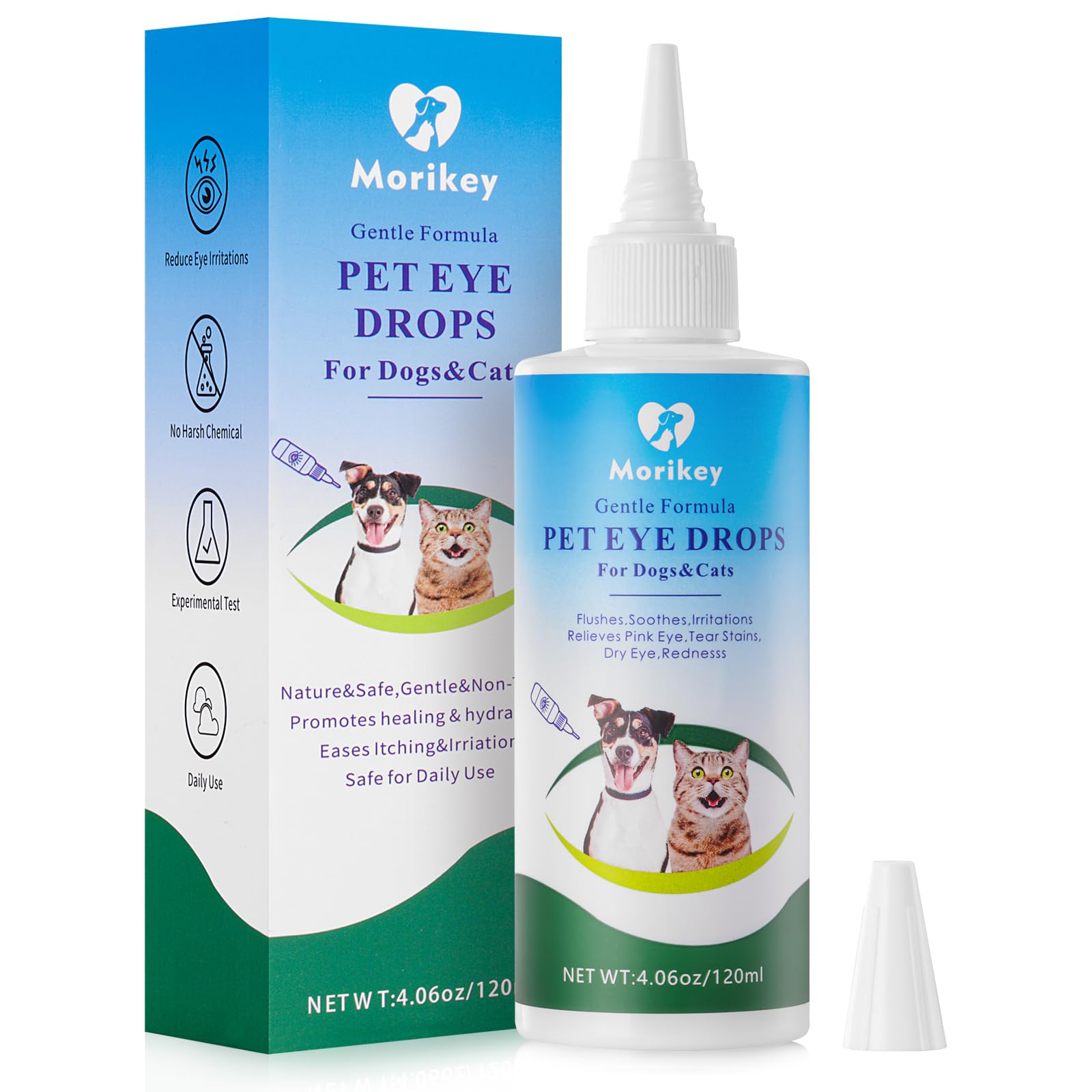 Morikey Pet Eye Drops,Gentle&Safe Dog Eye Drop for Infection,Relieve Eyes Itching & Irritation,Remove Tear Stains,Safe for All Animals, 4.06oz,120ml