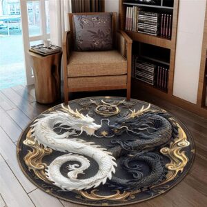 Personalized 3D Yin Yang Asian Dragon Element Area Rug, Anti-skid Lounge Mat, Indoor Decorative Throw Carpet, Suitable for Leisure Area Bedside Accessories Cloakroom, White and Black Dragon -3