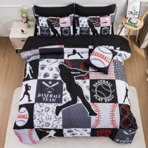 A Nice Night Sports Geometric Grid Black Patchwork Baseball Printed for Boys Twin 6Pcs Bed in A Bag Comforter Bedding Set,Black