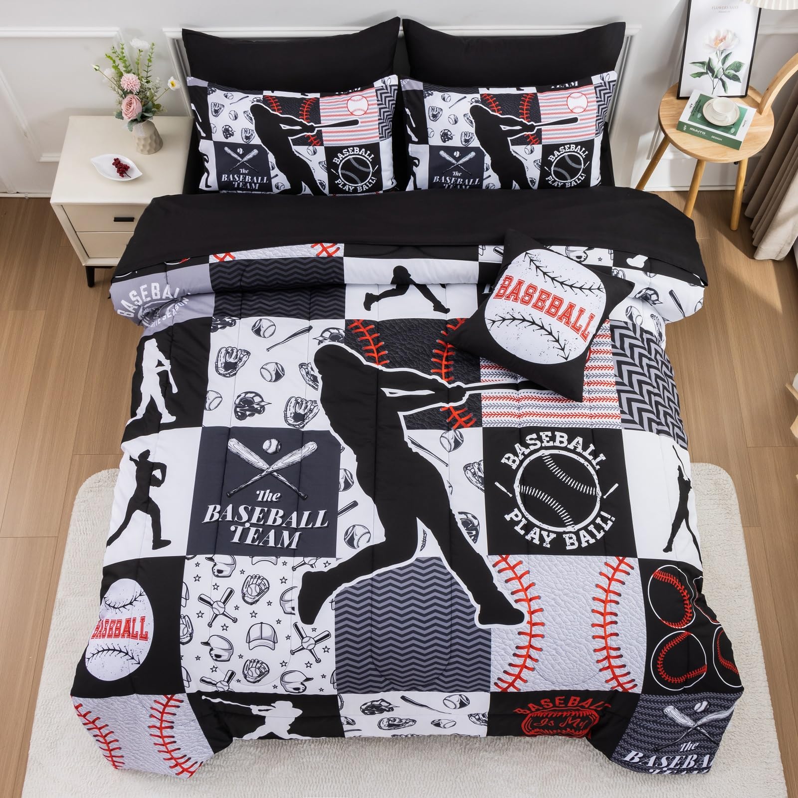 A Nice Night Sports Geometric Grid Black Patchwork Baseball Printed for Boys Twin 6Pcs Bed in A Bag Comforter Bedding Set,Black