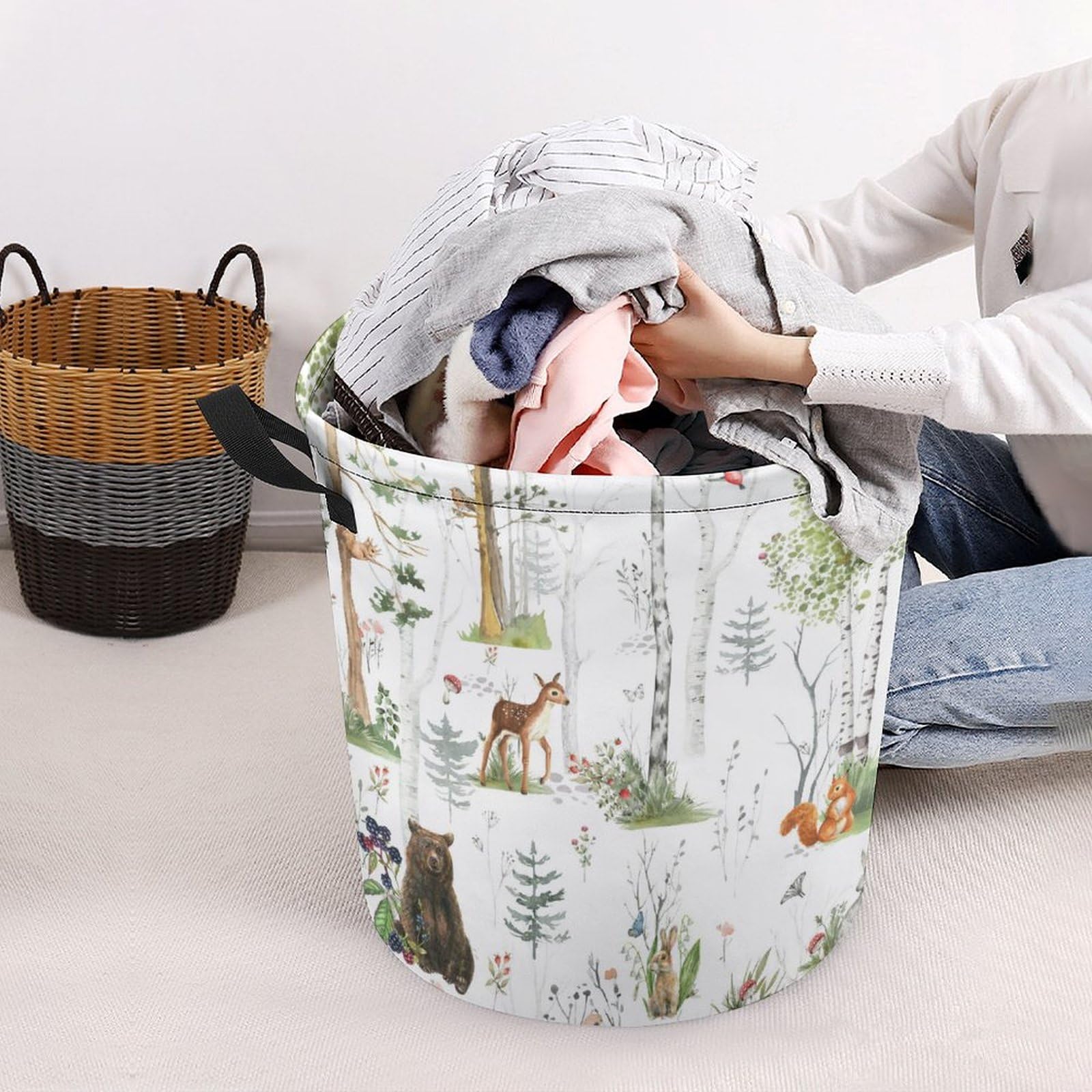 Woodland Animals Laundry Basket,Collapsible Clothes Hamper Waterproof Forest Fox Bear Deer Storage Basket with Handle Kids Room Jungle Deer Laundry Hamper with Drawstring