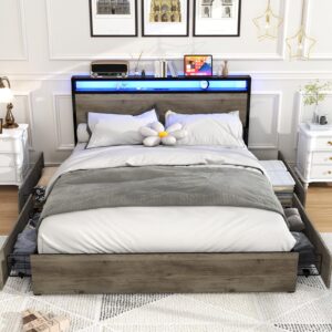 kiivakii full size bed frame with headboard, led platform bed with 4 storage drawers, built in charging station, noise-free, metal support base, no box spring needed, gray