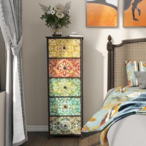 GiftGo Retro Dresser with Fabric Drawers Boho Mandala Flower Chest of Drawers Narrow Storage Tower for Small Spaces Gaps Bedroom Beautiful Nightstand Living Room Table (Mandala, 5 Drawers)