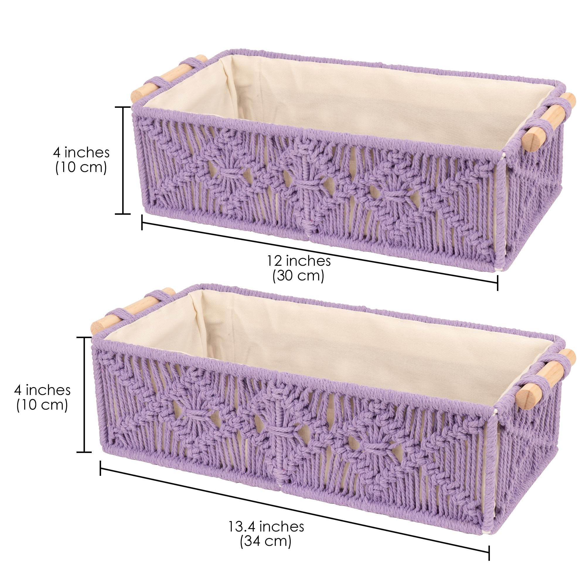 Philo Fun Purple Macrame Storage Baskets, Boho Woven Decor Organizer for Countertop Toilet Tank Shelf Cabinet Bathroom Living Room Entryway (Set of 2)