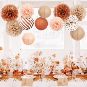 AOBKIAT Fall Boho Party Decorations Set,12PCS Brown Orange Paper Pom Poms Lanterns for Thanksgving Pumpkin Party,Natural Baby Shower,Bridal Shower,Engagement,Class School Office Decor