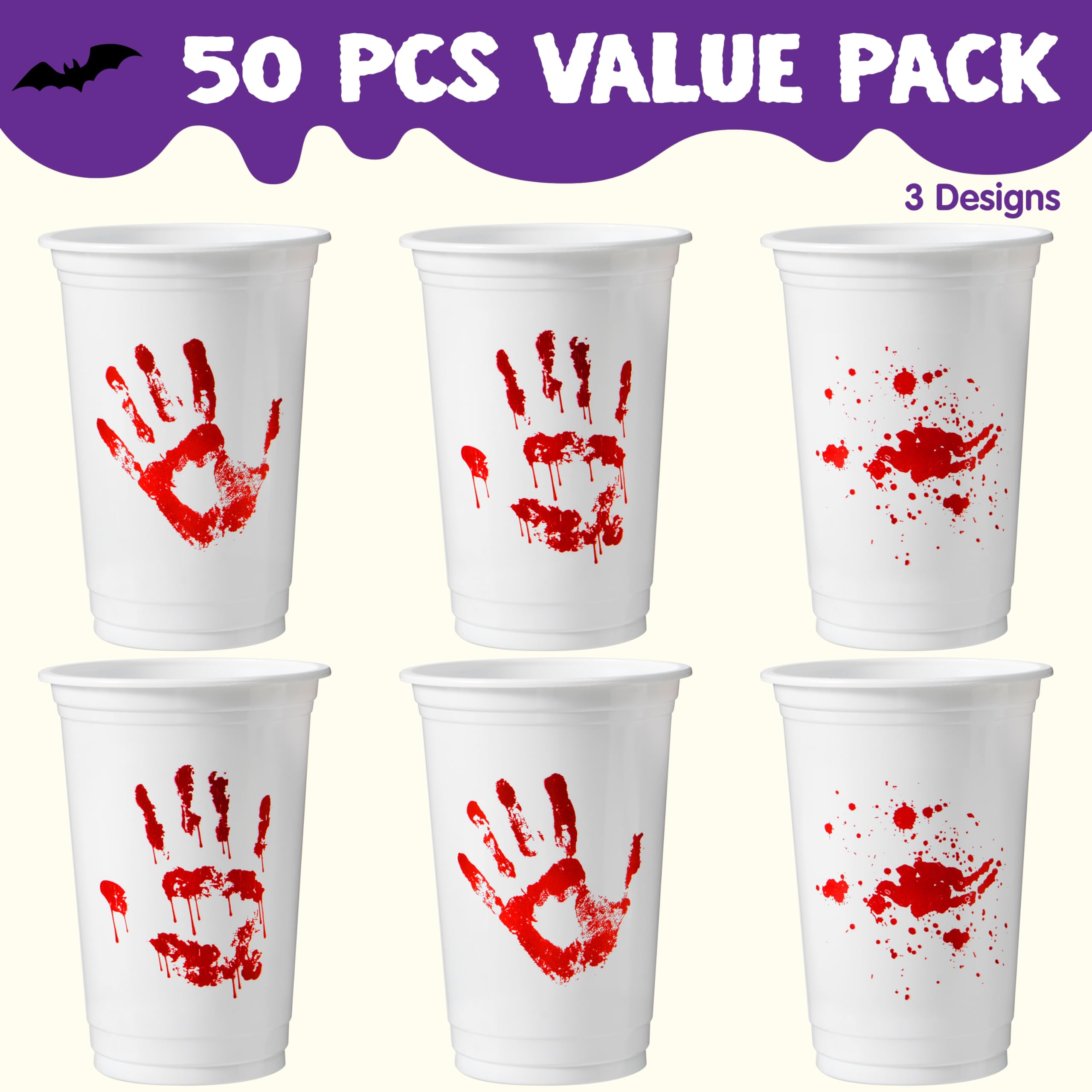 JOYIN 50 PCS Halloween Blood Print Cups Disposable, 12oz Hand Print Plastic Cups bulk, Party Favors for Party Supplies, Halloween Cups for Kids Party Decoration, Coffee, Juice Beverages Drinkware