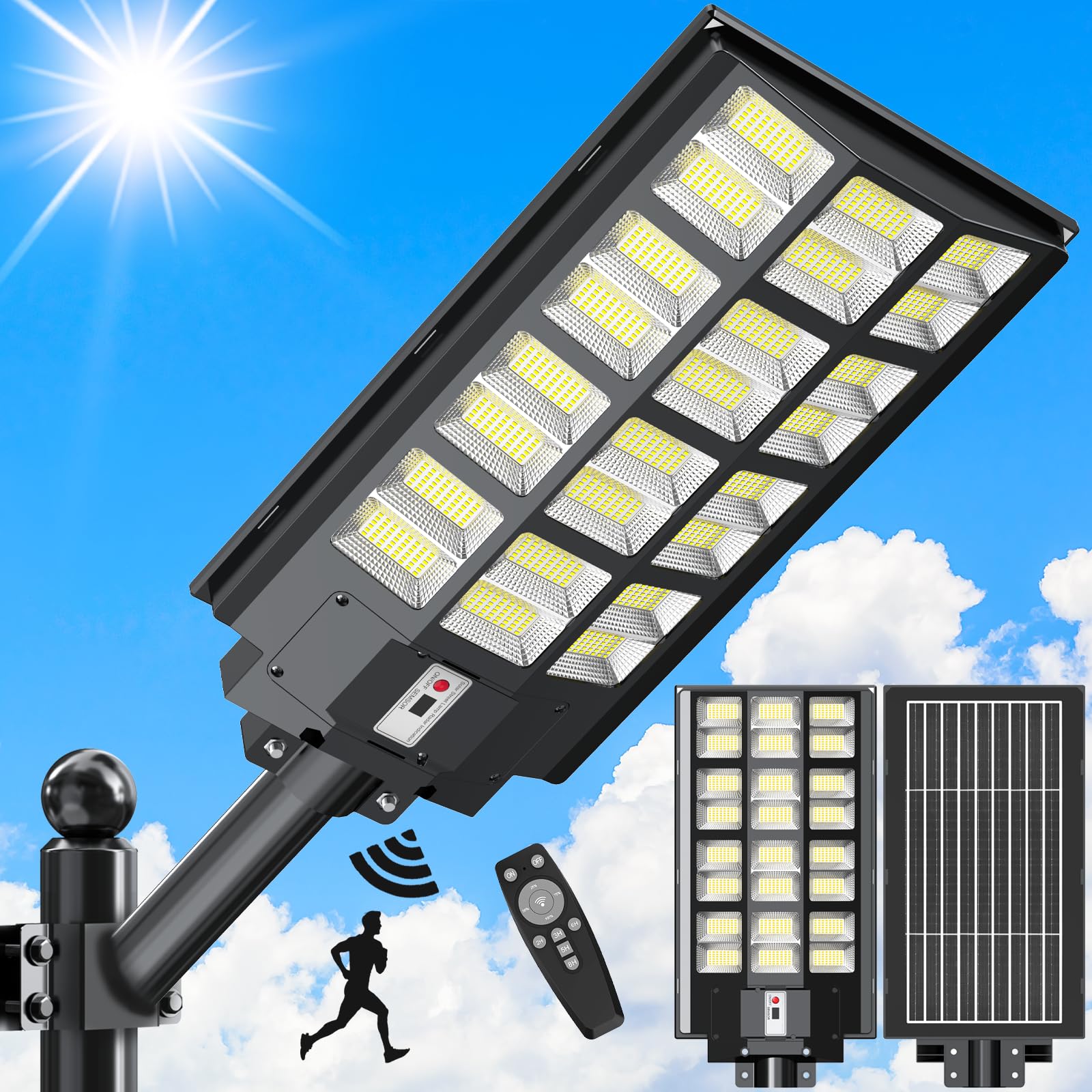 TENKOO Solar Street Lights Outdoor 4000W Solar Parking Lot Lights, 230000 Lumens Solar Street Lights with Motion Sensor LED Wide Angle Lamp Waterproof IP67 Commercial Lighting for Yard