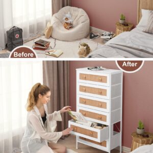 Crestlive Products Rattan Dresser Storage Tower, Tall Fabric Dresser, Chests of Drawers, Wood Top &Wood Handles - Organizer Unit for Bedroom, Hallway, Entryway, Closets - 6 Drawers (White)