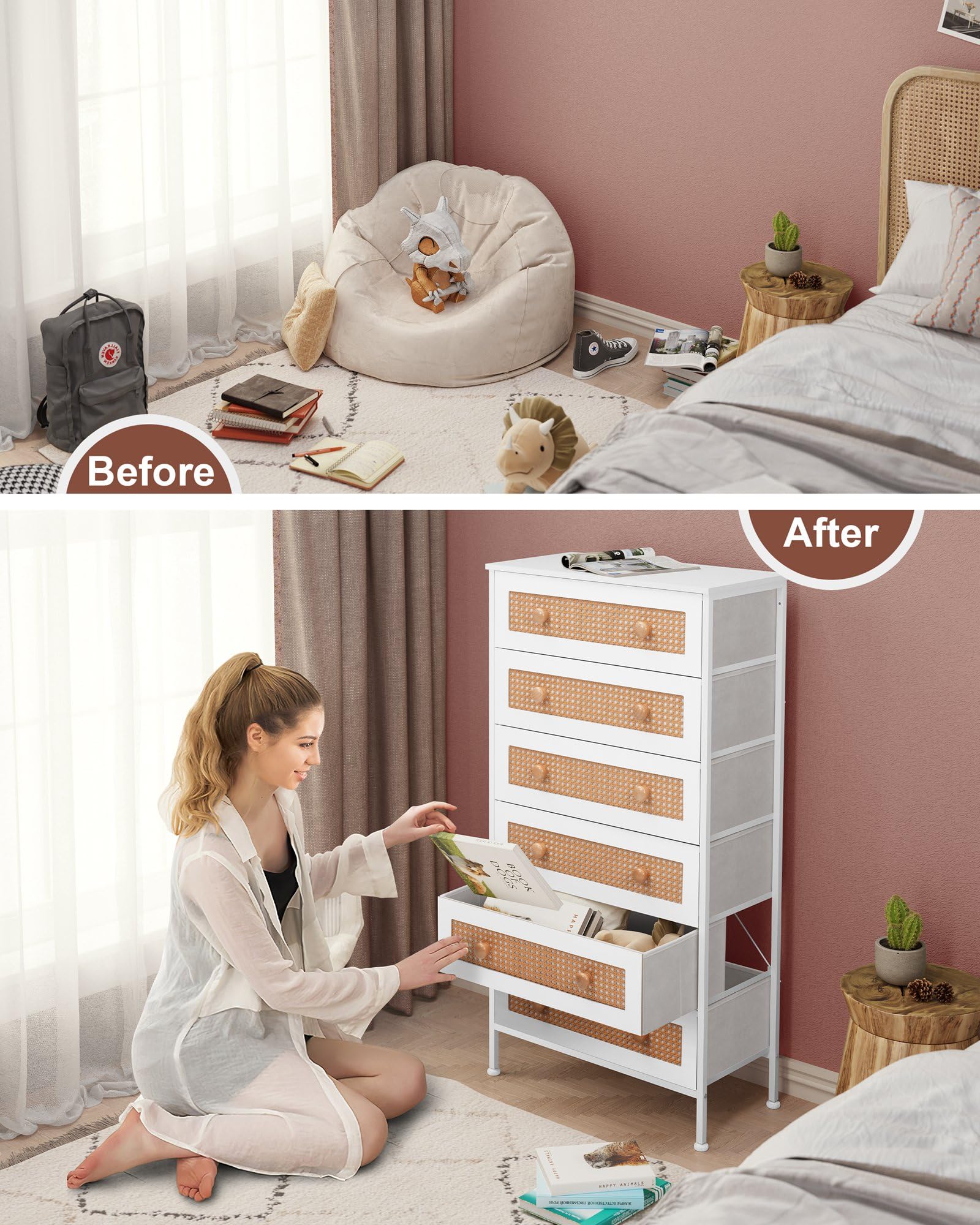 Crestlive Products Rattan Dresser Storage Tower, Tall Fabric Dresser, Chests of Drawers, Wood Top &Wood Handles - Organizer Unit for Bedroom, Hallway, Entryway, Closets - 6 Drawers (White)