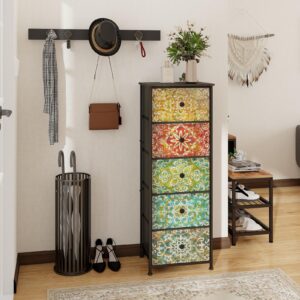 GiftGo Retro Dresser with Fabric Drawers Boho Mandala Flower Chest of Drawers Narrow Storage Tower for Small Spaces Gaps Bedroom Beautiful Nightstand Living Room Table (Mandala, 5 Drawers)