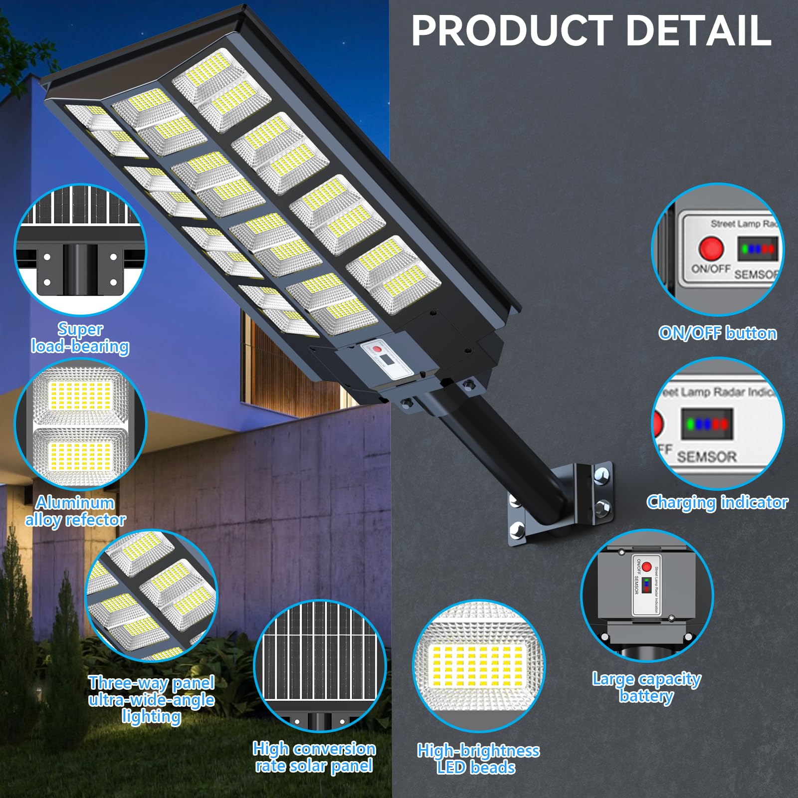 TENKOO Solar Street Lights Outdoor 4000W Solar Parking Lot Lights, 230000 Lumens Solar Street Lights with Motion Sensor LED Wide Angle Lamp Waterproof IP67 Commercial Lighting for Yard