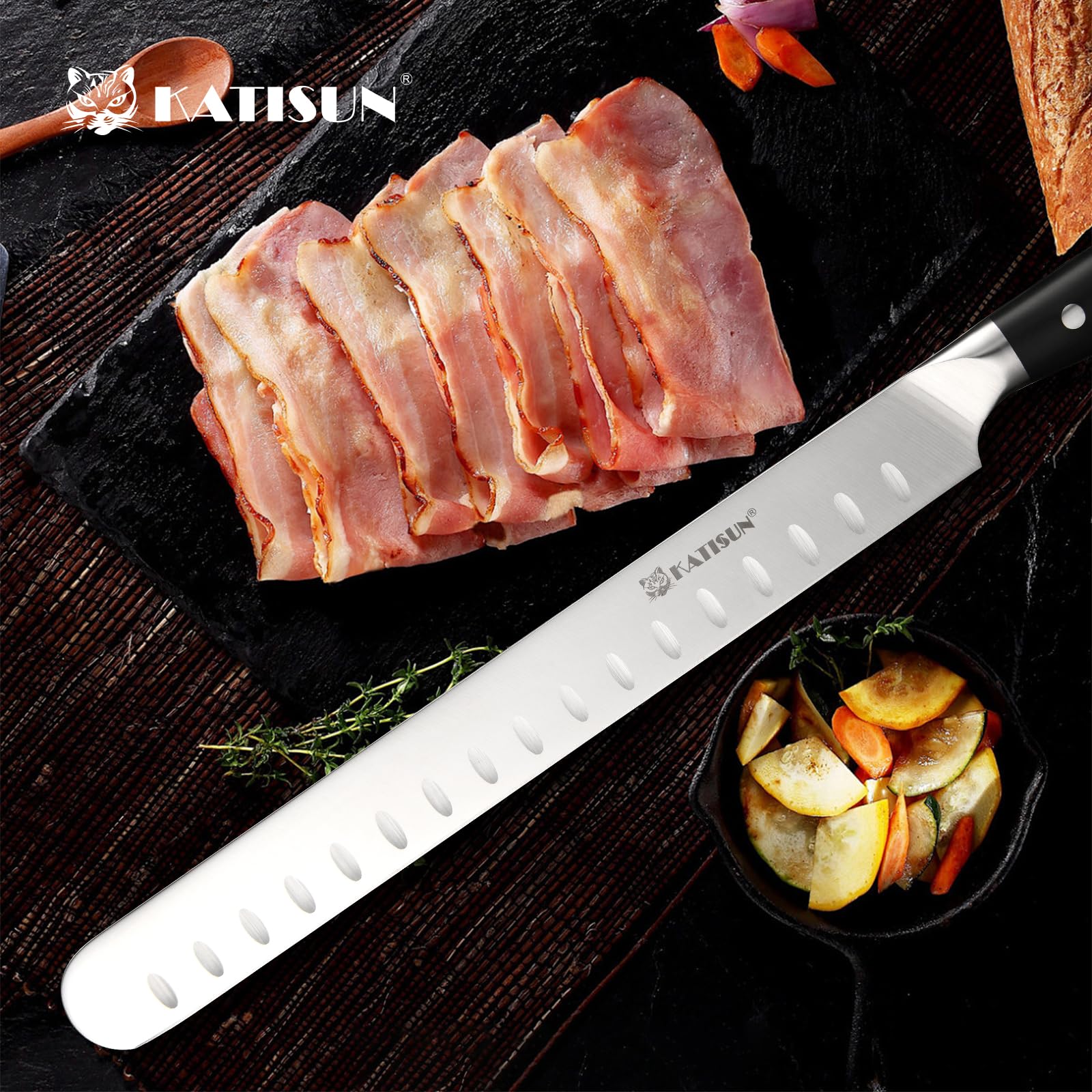 KATISUN Slicing Carving Knife, 13 Inch Ultra Sharp German Premium Stainless Steel Brisket Knife for Slicing Roasts, Meats, Fruits and Vegetables, Full Cut, Ergonomic Handle Design