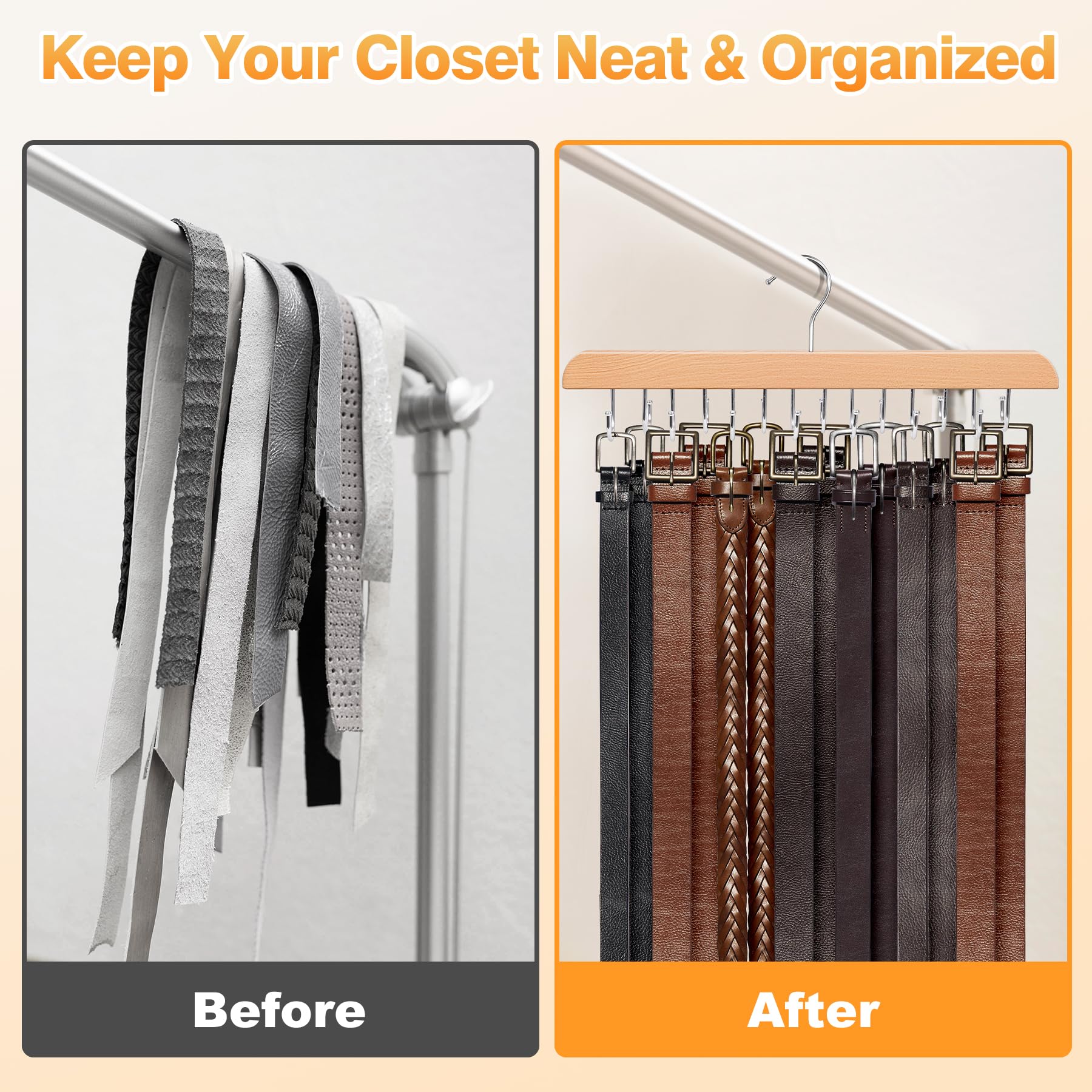 Ftumertly Belt Hanger, Belt Organizer for Closet with 14 Hooks, Wood Belt Tie Rack for Closet 360°Rotating Belt Holder Organizer for Closet Organizers for Tie, Belt, Scarf, Tank Top, Bra - 1 Pack