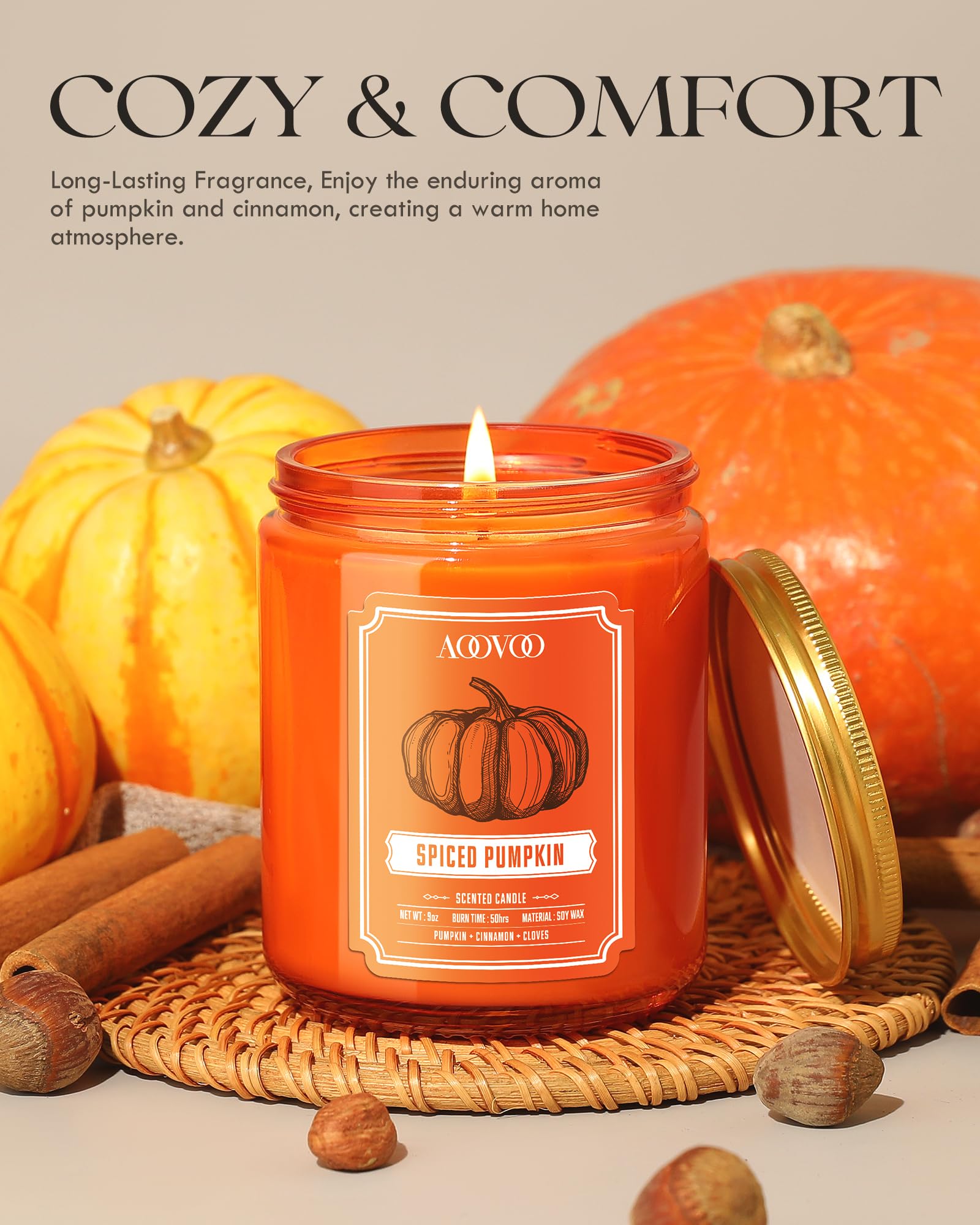 AOOVOO Spic Pumpkin Candle - Fall Soy Candles, Candles for Home Scented, Aromatherapy Candle, Candle for Women, 9 OZ