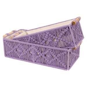 philo fun purple macrame storage baskets, boho woven decor organizer for countertop toilet tank shelf cabinet bathroom living room entryway (set of 2)