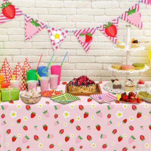 GREHUMOR 3 Pack Strawberry Tablecloth Strawberry Birthday Decorations Plastic Strawberry Theme Party Table Cover for Girls Sweet One Birthday Berry Sweet Baby Shower Party Supplies