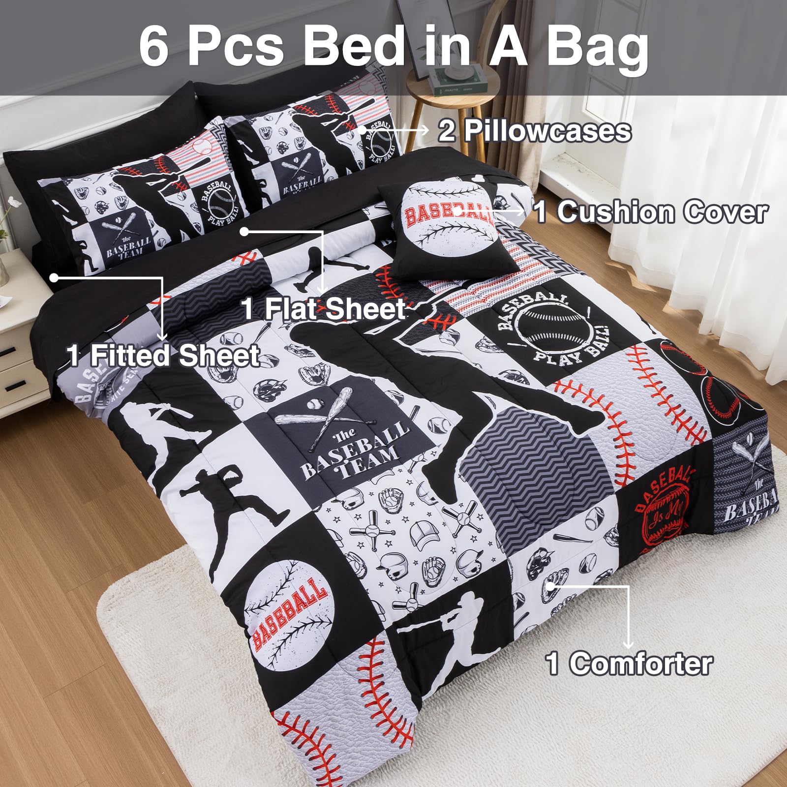 A Nice Night Sports Geometric Grid Black Patchwork Baseball Printed for Boys Twin 6Pcs Bed in A Bag Comforter Bedding Set,Black