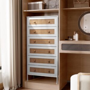 Crestlive Products Rattan Dresser Storage Tower, Tall Fabric Dresser, Chests of Drawers, Wood Top &Wood Handles - Organizer Unit for Bedroom, Hallway, Entryway, Closets - 6 Drawers (White)