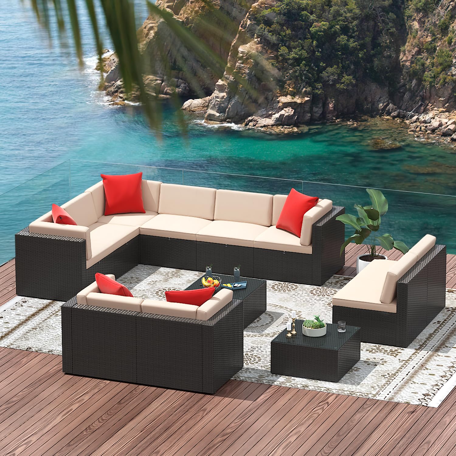 Greesum Patio Furniture Sets 12-Pieces Outdoor PE Rattan Sectional Sofa with Thickened Cushions and Glass Coffee Table, Onesize, Beige