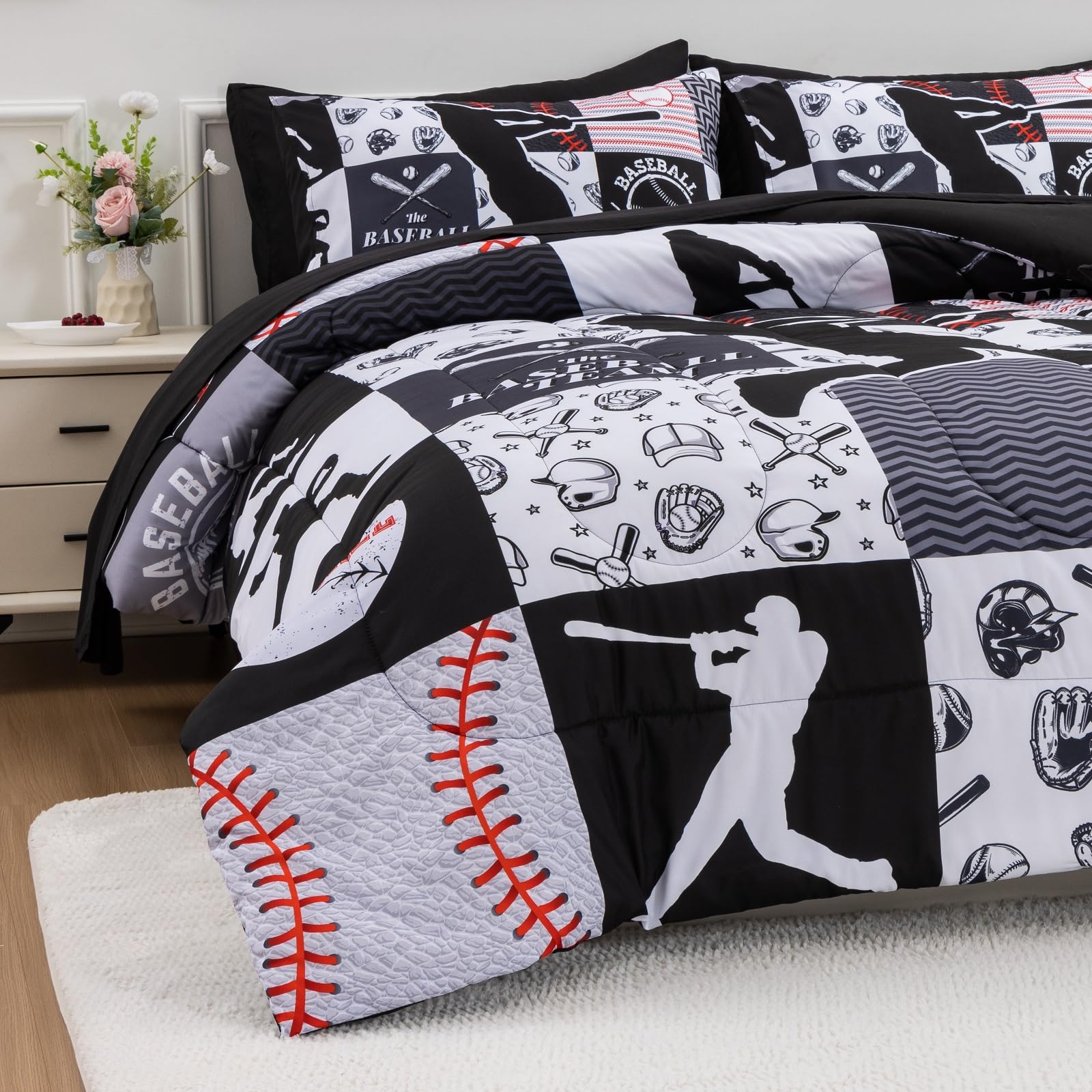 A Nice Night Sports Geometric Grid Black Patchwork Baseball Printed for Boys Twin 6Pcs Bed in A Bag Comforter Bedding Set,Black