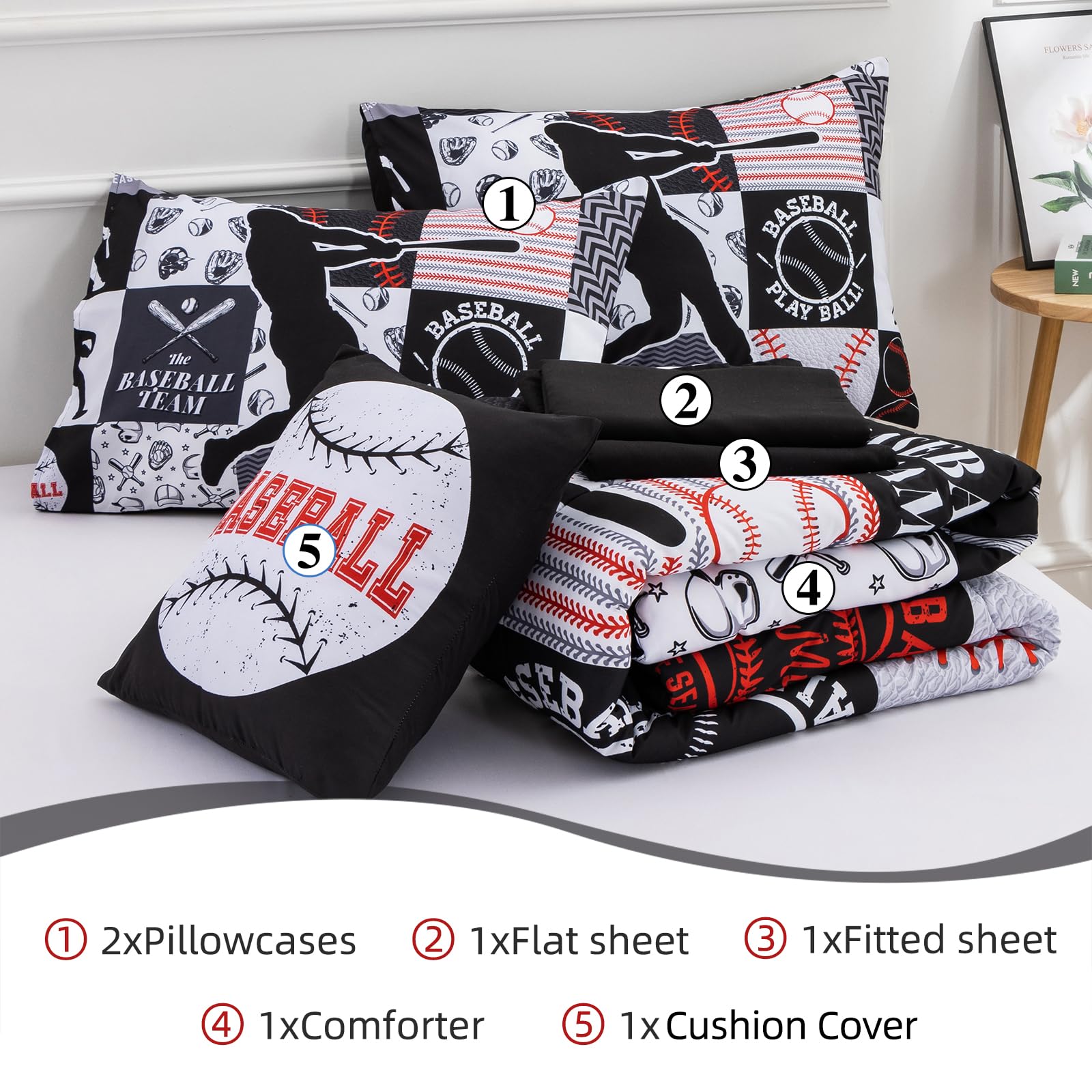 A Nice Night Sports Geometric Grid Black Patchwork Baseball Printed for Boys Twin 6Pcs Bed in A Bag Comforter Bedding Set,Black