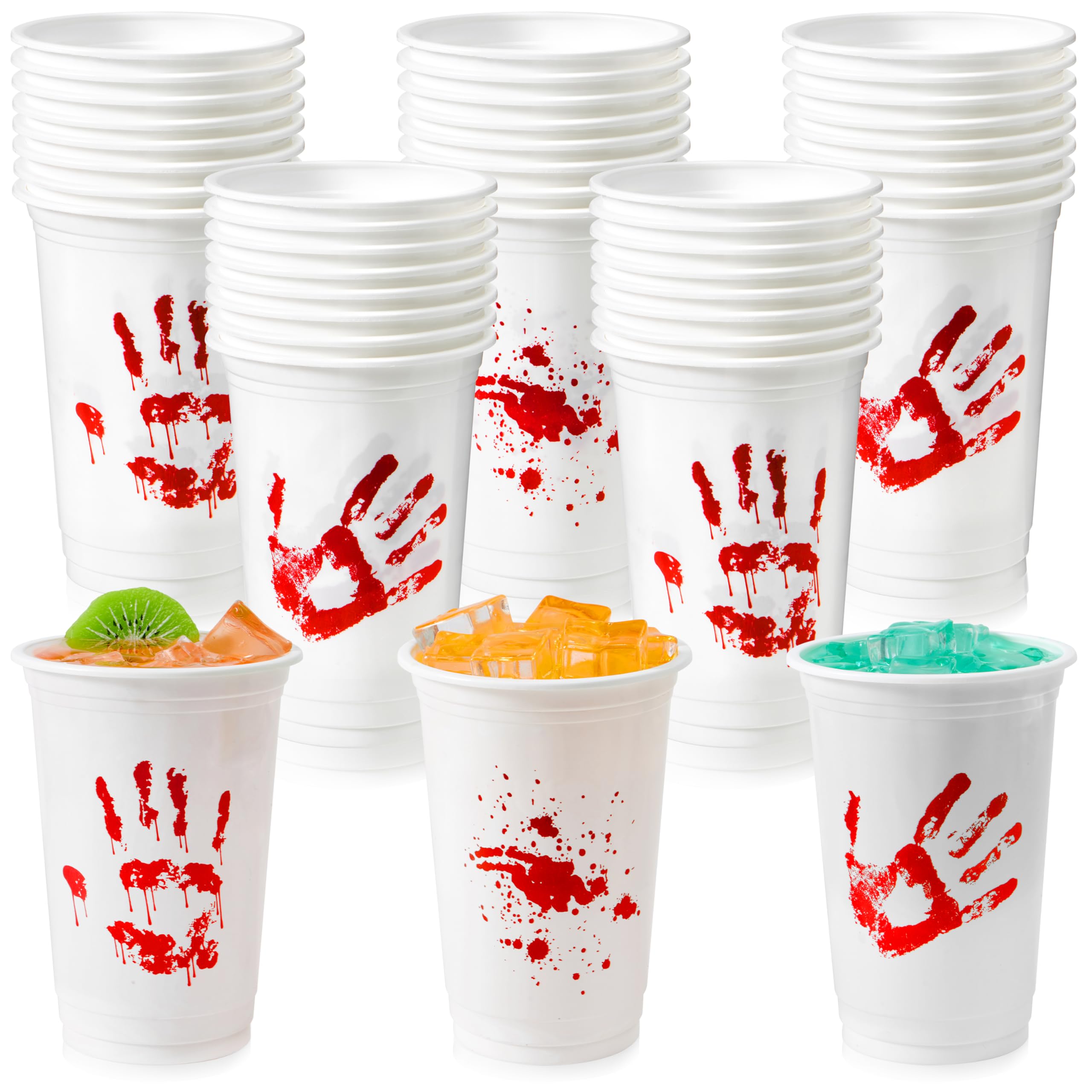 JOYIN 50 PCS Halloween Blood Print Cups Disposable, 12oz Hand Print Plastic Cups bulk, Party Favors for Party Supplies, Halloween Cups for Kids Party Decoration, Coffee, Juice Beverages Drinkware