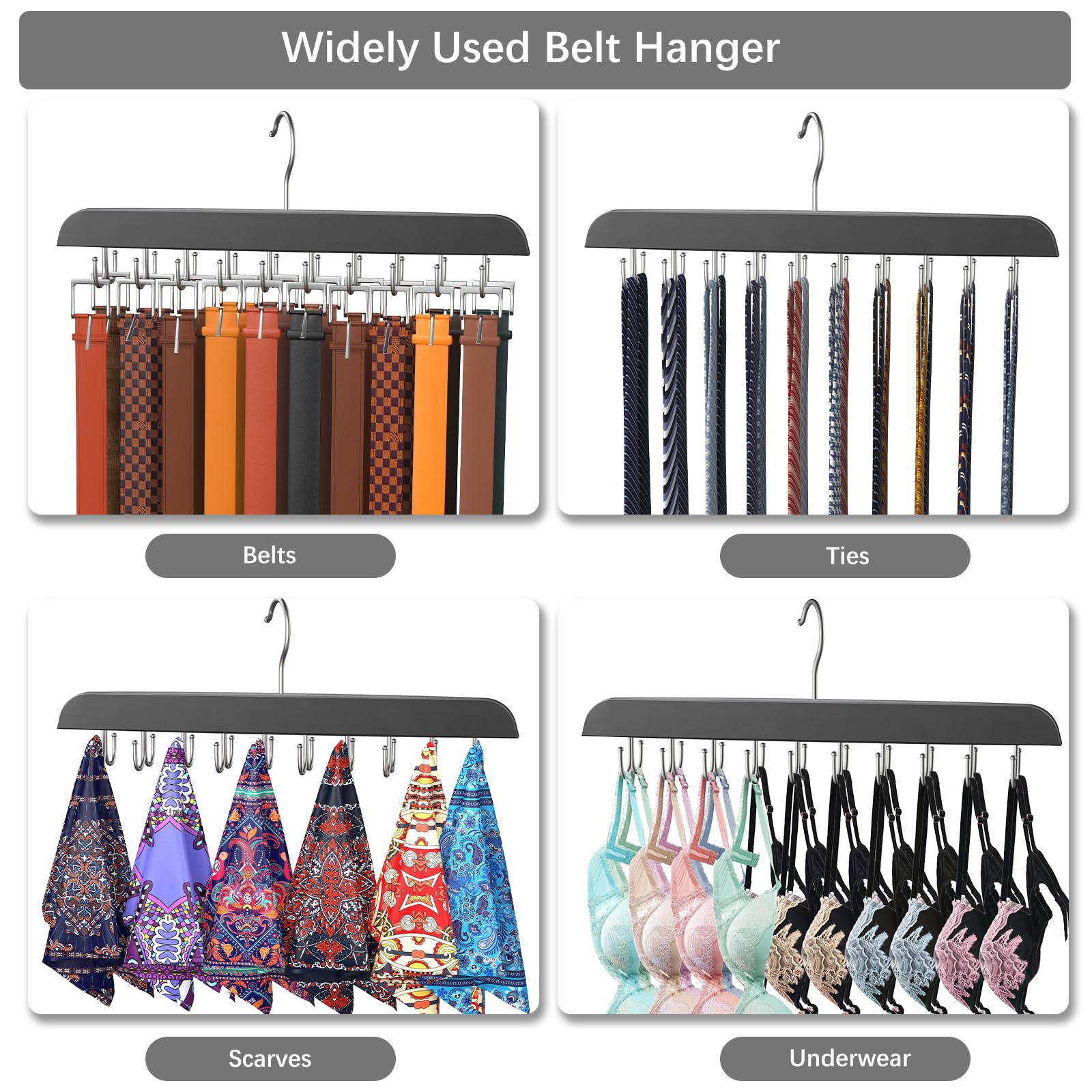 Ftumertly Bra Hanger for Closet, Tank Top Hanger with 20 Hooks Belt Organizer, Wood Belt Hanger 360°Rotating Belt Rack Closet Organizers and Storage for for Tie, Bra, Scarf, Tank Top - Black, 1 Pack