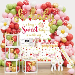 strawberry baby shower decorations party supplies, a berry sweet baby is on the way decor, it's a girl gender reveal, baby shower backdrop balloon arch box mom to be sash tablecloths cake topper