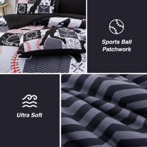 A Nice Night Sports Geometric Grid Black Patchwork Baseball Printed for Boys Twin 6Pcs Bed in A Bag Comforter Bedding Set,Black