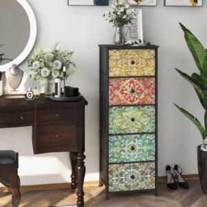 GiftGo Retro Dresser with Fabric Drawers Boho Mandala Flower Chest of Drawers Narrow Storage Tower for Small Spaces Gaps Bedroom Beautiful Nightstand Living Room Table (Mandala, 5 Drawers)