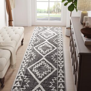 jinchan boho kitchen runner rug 3x12 moroccan trellis hallway runner rug washable tribal runner non slip soft geometric thin farmhouse rug for bedroom bathroom laundry room living room heathered black