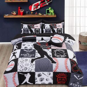 a nice night sports geometric grid black patchwork baseball printed for boys twin 6pcs bed in a bag comforter bedding set,black