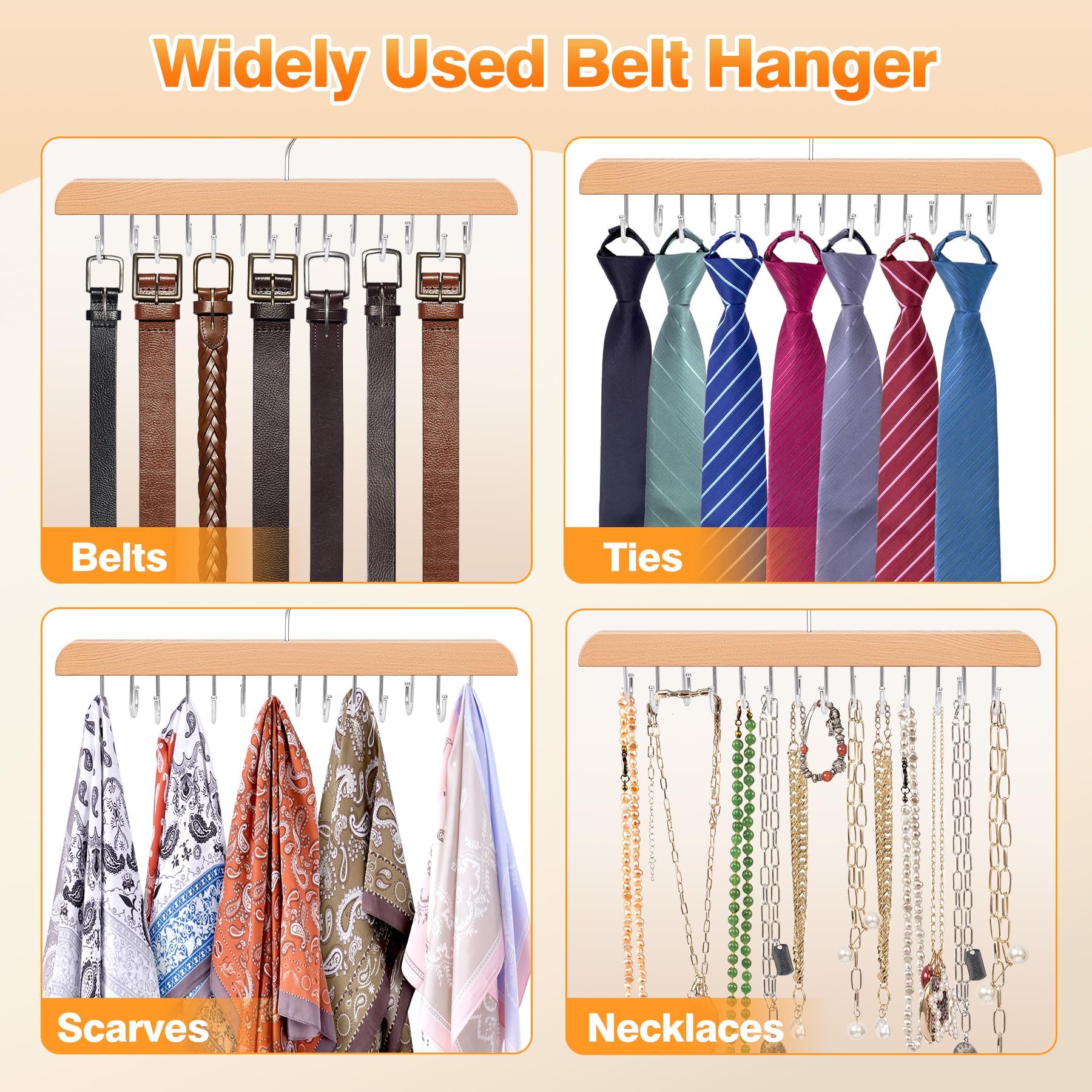 Ftumertly Belt Hanger, Belt Organizer for Closet with 14 Hooks, Wood Belt Tie Rack for Closet 360°Rotating Belt Holder Organizer for Closet Organizers for Tie, Belt, Scarf, Tank Top, Bra - 1 Pack