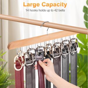 Ftumertly Belt Hanger, Belt Organizer for Closet with 14 Hooks, Wood Belt Tie Rack for Closet 360°Rotating Belt Holder Organizer for Closet Organizers for Tie, Belt, Scarf, Tank Top, Bra - 1 Pack