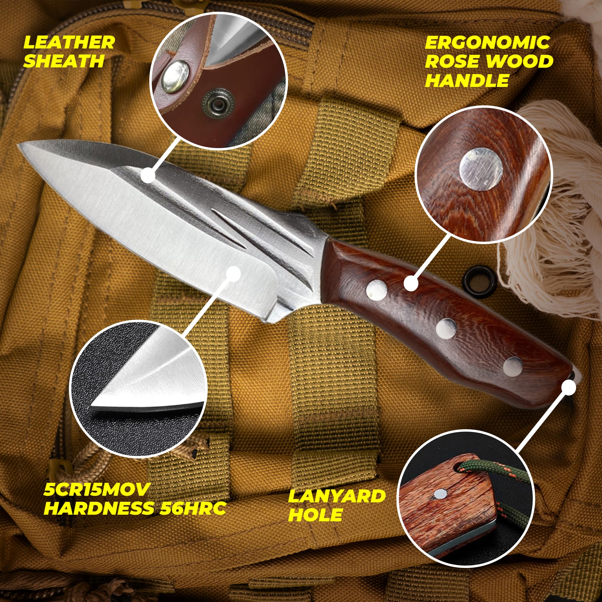 AOSILEY Pocket Fixed Blade Knife with Wood Handle and Leather Sheath for Camping, Outdoor Hunting,Tactical, Survival and EDC