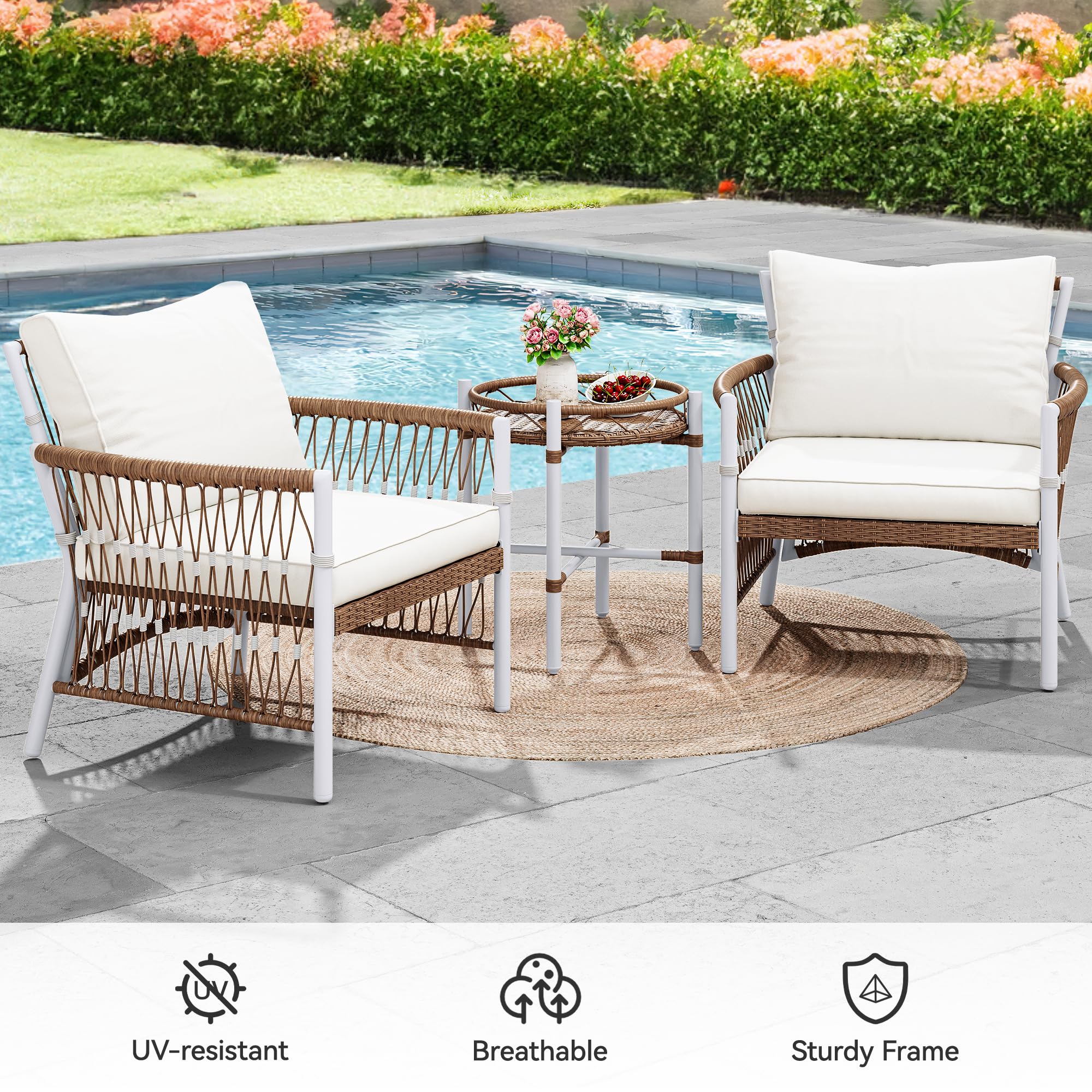 YITAHOME 3-Piece Outdoor Patio Furniture Wicker Bistro Set, All-Weather Rattan Conversation Chairs for Backyard, Balcony and Deck with Soft Cushions, Beige